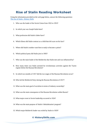 Rise of Stalin Reading Questions Worksheet | Teaching Resources