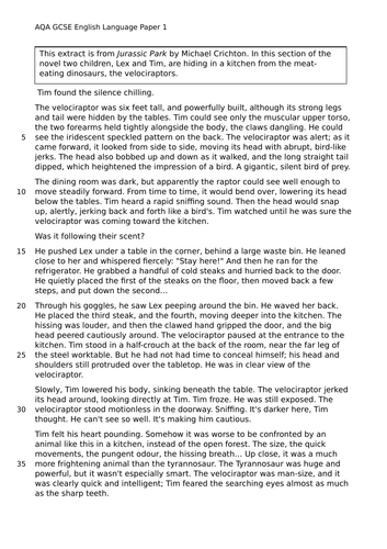 AQA Language Paper 1 - Jurassic Park full paper | Teaching Resources