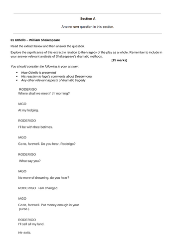 AQA A Level Othello Mock Exam Questions bundle | Teaching Resources