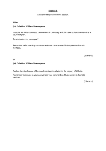 AQA A Level Othello Mock Exam Questions bundle | Teaching Resources