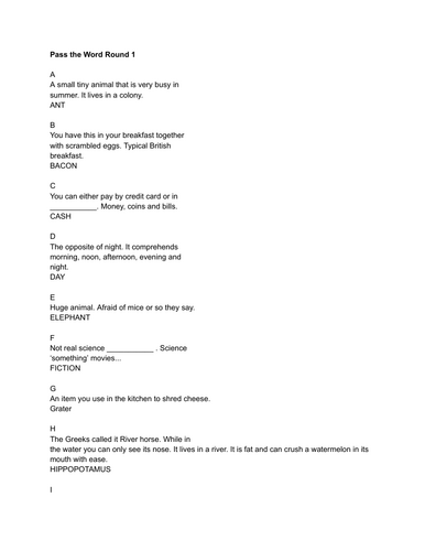 Pass the word quick questions and answers | Teaching Resources