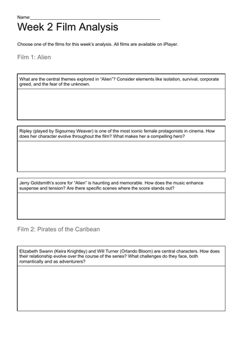Film Analysis Handout Homework Sheet | Teaching Resources