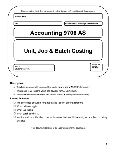 AS 9706 Accounting Unit, Job, and Batch Costing (Cambridge ...