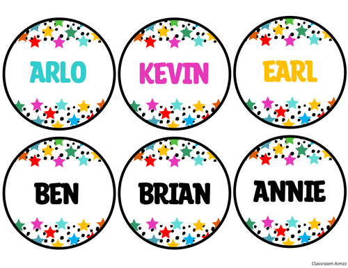 Printable Spotty Bright Stars Student Name Labels, Colorful Stars ...