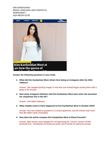 Kim Kardashian CONTEXTS and MEDIA LANGUAGE AQA MEDIA GCSE | Teaching ...