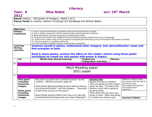 Poetry Year 6 Personification Imagery Planning Fog Carl Sandburg ...