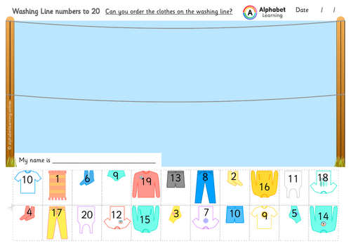 Ordering numbers to 20 Cut/stick Washing Line | Teaching Resources