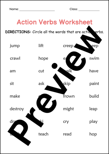 Printable Sentences Action Verbs Grammar Worksheets - Circle the Action ...