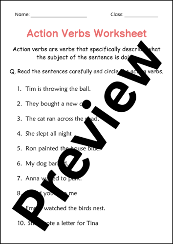 Printable Sentences Action Verbs Grammar Worksheets - Circle the Action ...