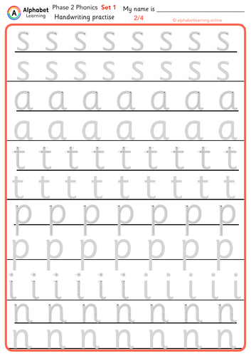 Handwriting Phase 2 Phonics s a t p i n (Set 1) | Teaching Resources