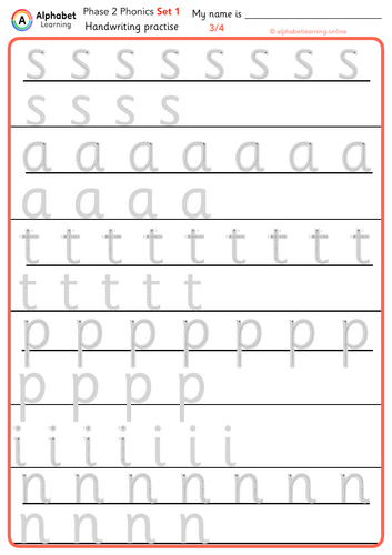 Handwriting Phase 2 Phonics s a t p i n (Set 1) | Teaching Resources