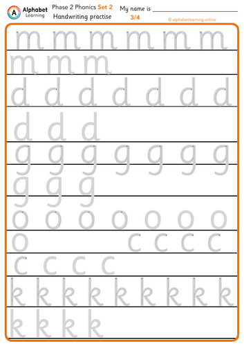 Handwriting Phase 2 Phonics m d g o c k (Set 2) | Teaching Resources