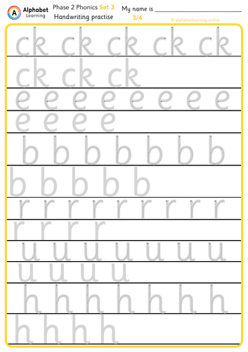 Handwriting Phase 2 Phonics ck e b r u h (Set 3) | Teaching Resources