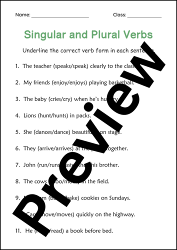 Subject Singular and Plural Verbs Grammar Worksheet for Grade 1 ...
