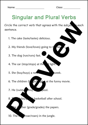 Subject Singular and Plural Verbs Grammar Worksheet for Grade 1 ...