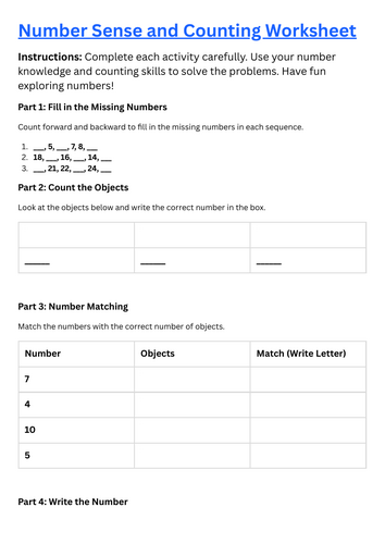 NUMBER SENSE AND COUNTING WORKSHEET FOR GRADE 1 IB PYP | Teaching Resources