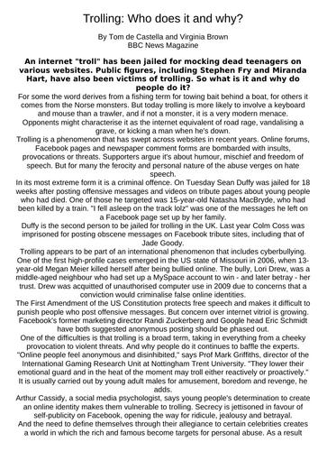 Trolling/ Cyber Bullying | Teaching Resources