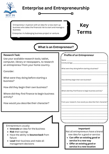 Enterprise and Entrepreneurship - Activity Worksheet and Assessment ...