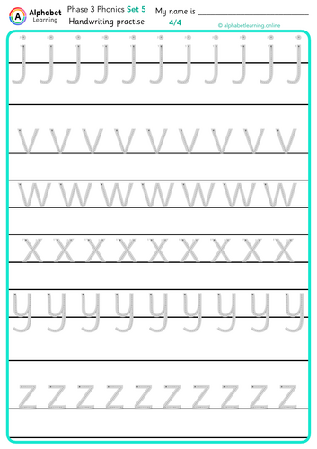 Handwriting Phase 3 Phonics j v w x y z (Set 5) | Teaching Resources