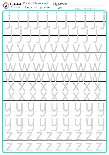 Handwriting Phase 3 Phonics j v w x y z (Set 5) | Teaching Resources