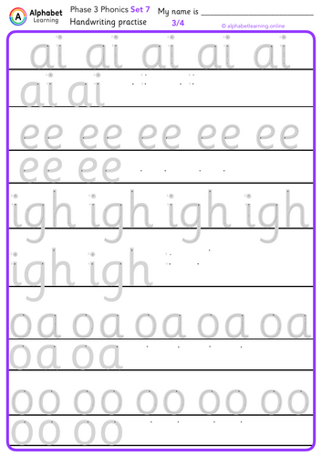 Handwriting Phase 3 Phonics ai ee igh oa oo (Set 7) | Teaching Resources