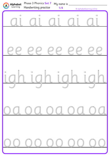 Handwriting Phase 3 Phonics ai ee igh oa oo (Set 7) | Teaching Resources