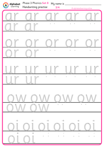 Handwriting Phase 3 Phonics ar or ur ow oi (Set 8) | Teaching Resources