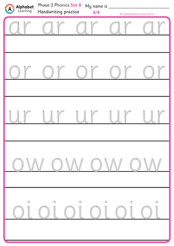 Handwriting Phase 3 Phonics ar or ur ow oi (Set 8) | Teaching Resources