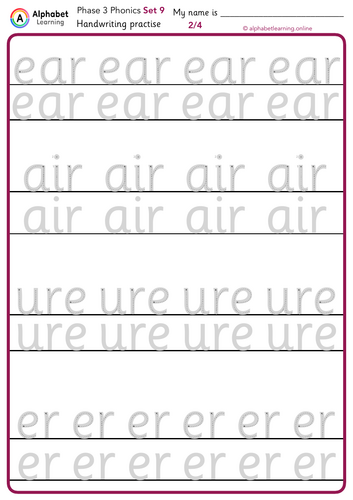 Handwriting Phase 3 Phonics ear air ure er (Set 9) | Teaching Resources