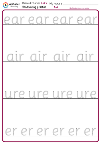Handwriting Phase 3 Phonics ear air ure er (Set 9) | Teaching Resources