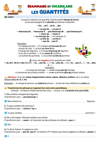 [French A2] Grammar, Vocabulary: QUANTITIES (les quantités) | Teaching ...