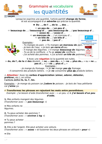 [French A2] Grammar, Vocabulary: QUANTITIES (les quantités) | Teaching ...