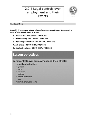 Pearson Edexcel IGCSE Business 19 Legal Controls over employment ...