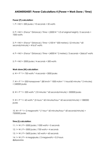 GCSE Physics Worksheets (P = W / t) Power Work Time Calculations w ...