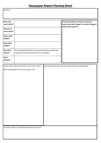 Beowulf - Newspaper Report Planning Sheet | Teaching Resources