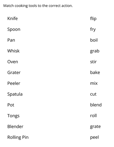 printable matching cooking terms worksheet for kids | Teaching Resources
