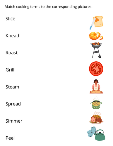 printable matching cooking terms worksheet for kids | Teaching Resources