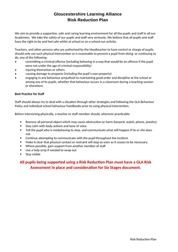 Risk reduction Plan | Teaching Resources