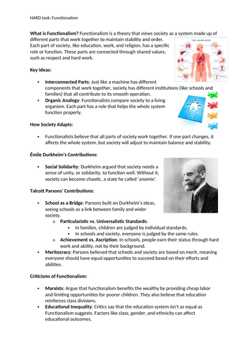 Y10 Introduction to theory: Functionalism (AQA Sociology) | Teaching Resources