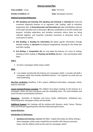 Literacy Planning Year 6 English Newspaper Reports Instructional ...