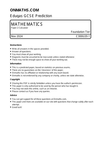 2024 November Eduqas Paper 2 Foundation Maths GCSE Predicted Paper ...