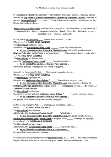 The Merchant of Venice Essay Plan (Sentence Starters) | Teaching Resources