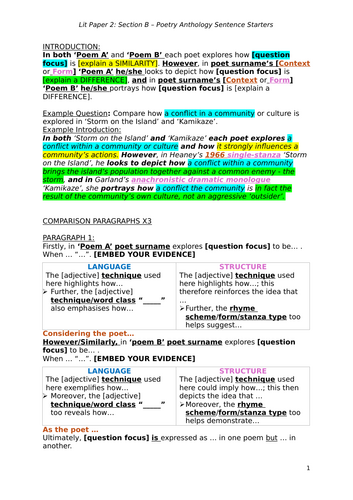 Poetry Anthology Comparison Essay Plan (Sentence Starters) | Teaching ...