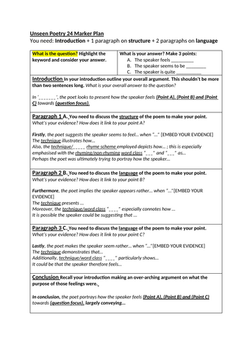 Unseen Poetry (AQA 24 + 8 marker) Sentence Starters | Teaching Resources