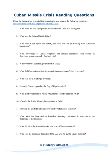 Cuban Missile Crisis Reading Questions Worksheet | Teaching Resources