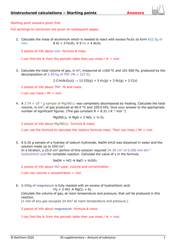 A-level chemistry Amount of Substance: unstructured calculations & starting points | Teaching ...