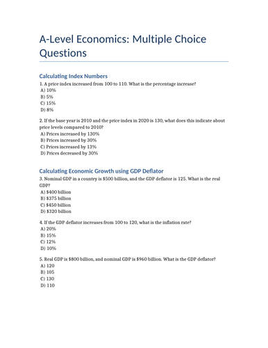 Economic Growth Multiple-Choice Questions | Teaching Resources