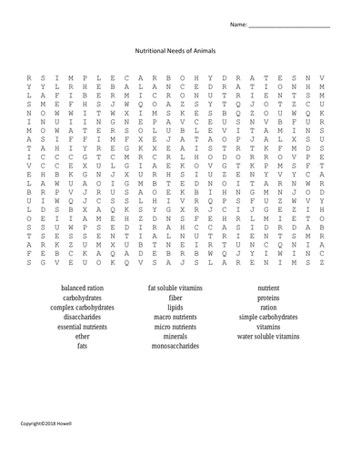 Nutritional Needs of Animals Word Search for an Ag. II Animal Science ...