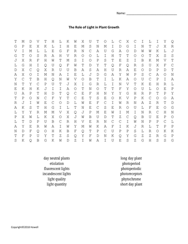 The Role of Light in Plant Growth Word Search for an Ag. II Plant ...