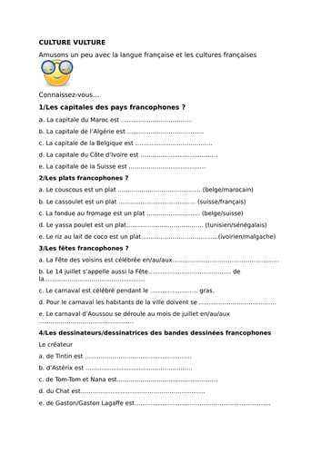 Quiz sur la culture francophone-Culture Vulture | Teaching Resources